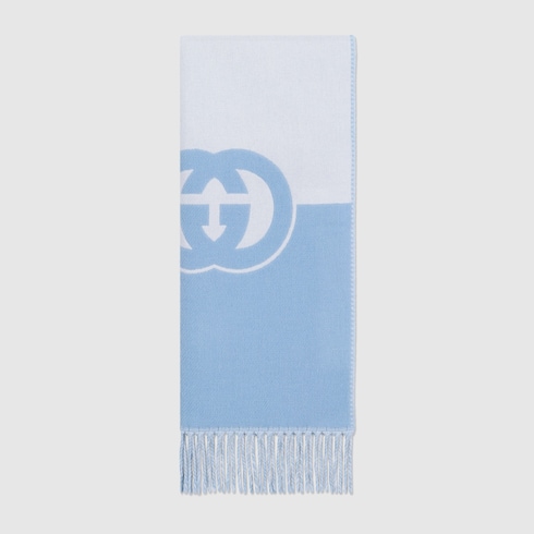 Wool cashmere scarf with Interlocking G in light blue and ivory | GUCCI® TH