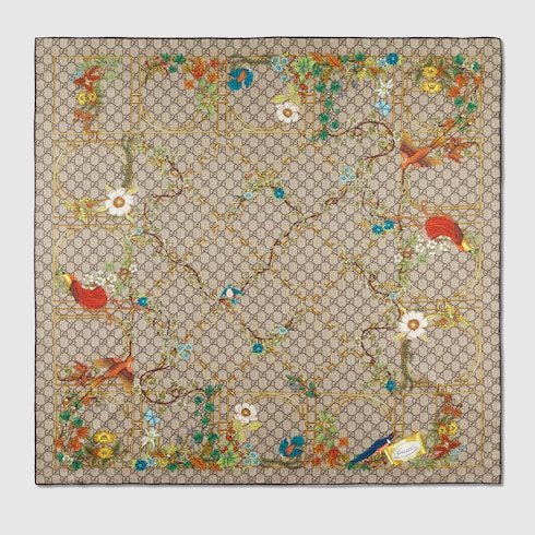 Animal and floral print silk carré in brown and multicolor | GUCCI ...