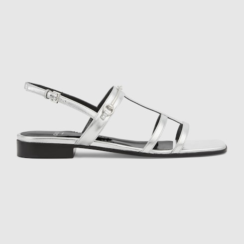 Women's slim Horsebit flat sandal in silver leather | GUCCI® PT