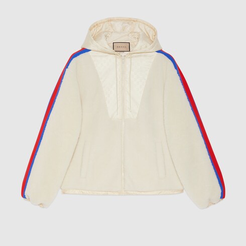 Fleece wool zip jacket with Web in off white | GUCCI® AE