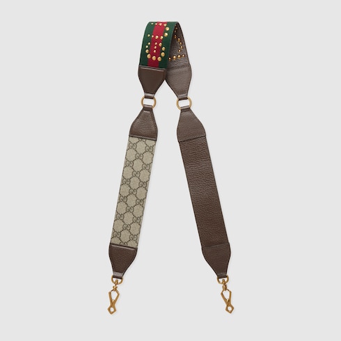 สายสะพาย GG shoulder strap with Web inSupreme สีเบจและสีน้ำตาลอีโบนี | GUCCI® TH
