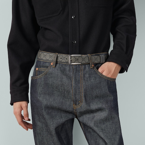 เข็มขัด Reversible belt with rectangular buckle inหนังสีเทาและลาย ...