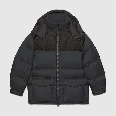 Nylon down jacket with GG inserts in black | GUCCI® SE