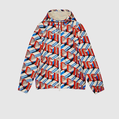 Gucci pixel print nylon jacket in ivory and red | GUCCI® SG