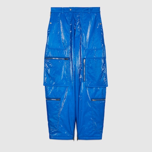 Shiny ripstop nylon oversized trousers in blue | GUCCI® AE
