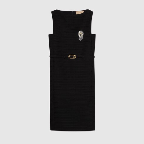 Robe en laine avec broche en cristaux en noir | GUCCI® FR