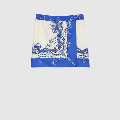 Reversible dragon print silk skirt in ivory and blue | GUCCI® SG