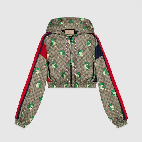 Cropped jersey jacket with dragon print in beige and ebony | GUCCI® 香港