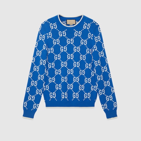 Pullover mit GG Baumwoll-Intarsie in kobaltblau und elfenbein | GUCCI® CH