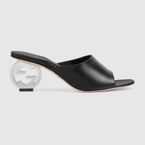 Women's Interlocking G heel sandal in black leather | GUCCI® SG