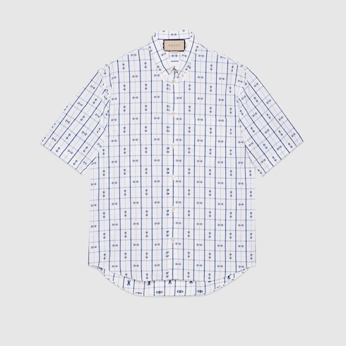 Horsebit print cotton shirt in ivory and blue | GUCCI® 香港