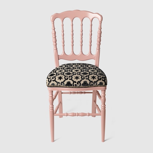 Wood chair with GG bees and stars in black and beige GG jacquard ...