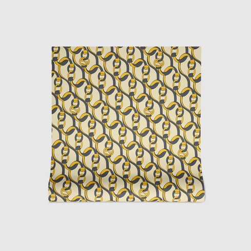 Interlocking G chain print wallpaper in dark blue, yellow and ivory ...