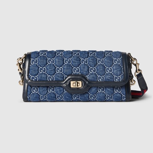 Kleine Gucci Luce Schultertasche in blauer GG Denim | GUCCI® DE
