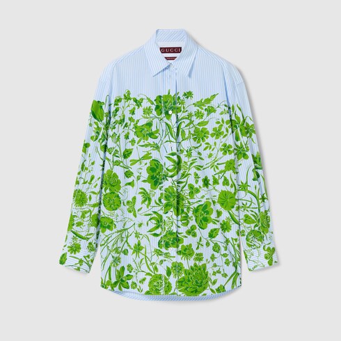 Gucci flowers print cotton shirt in light blue and white | GUCCI® UK
