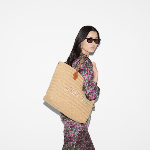 Medium straw-effect tote in Beige Fabric | GUCCI® SI