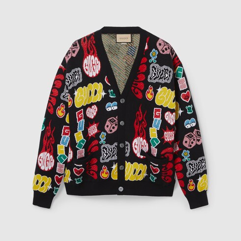 Gucci elements cotton-wool jacquard cardigan in black and multicolor ...