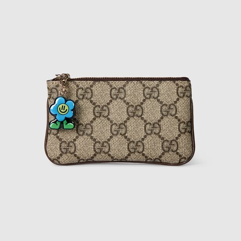 GG key case with flower charm in beige and ebony Supreme | GUCCI® UK