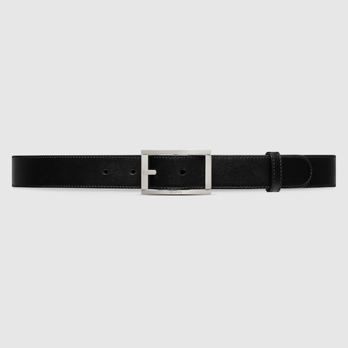 Belt with rectangular buckle in black leather | GUCCI® AE