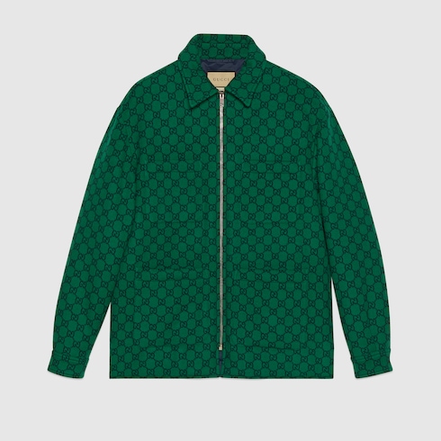 Overshirt imbottita in flanella di lana GG in verde e blu navy | GUCCI ...