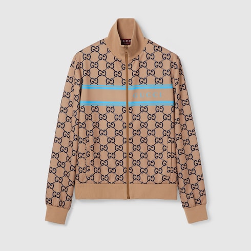 Technical jersey GG print zipped jacket in beige and ebony | GUCCI® SG