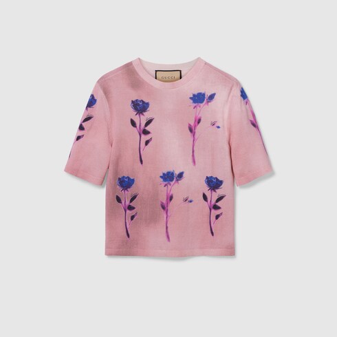 Floral print fine wool silk top in pink | GUCCI® UK