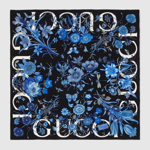 Floral Gucci print silk carré in black and blue | GUCCI® Australia