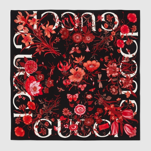 Floral Gucci print silk carré in black and red | GUCCI® UK