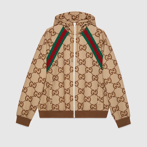 Jumbo GG zip jacket with Web in beige and ebony | GUCCI® UK