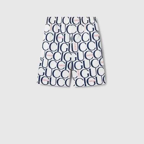 Maxi Gucci print fabric short in white and blue | GUCCI® AE