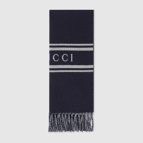 Wool cashmere scarf with Gucci logo in Blue Grey Wool | GUCCI® SI