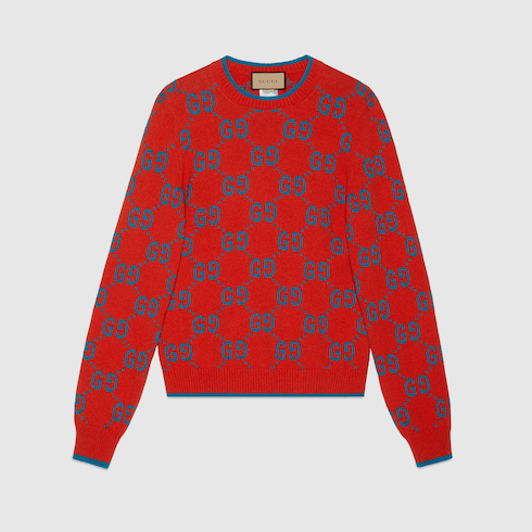 GG knit cotton jacquard sweater in red and blue | GUCCI® Canada