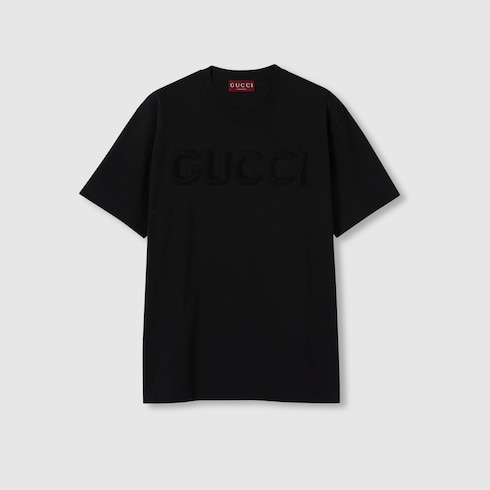 Embroidered cotton jersey T-shirt in black | GUCCI® TR