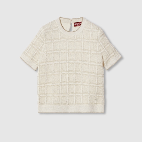 Maglia in jacquard di lana e lamé a quadri in bianco e oro | GUCCI® Italia