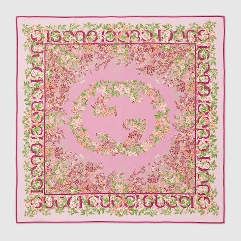 Gucci Interlocking G floral print silk carré in Pink Silk | GUCCI® SI