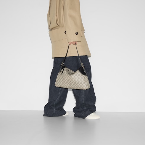 GG Emblem medium shoulder bag in Beige Black GG Canvas | GUCCI® SI