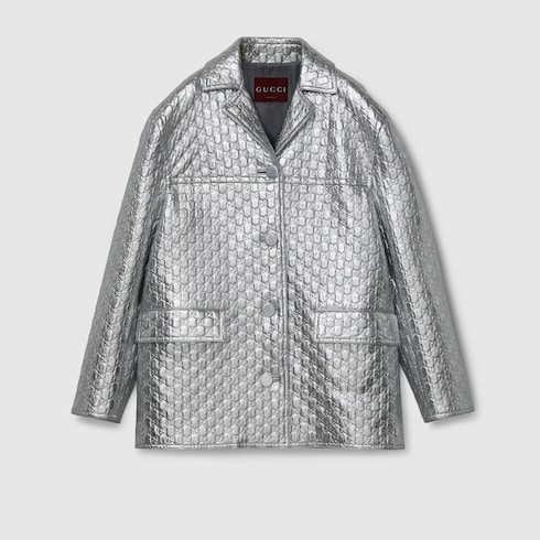 Embossed GG metallic leather jacket in silver | GUCCI® UK