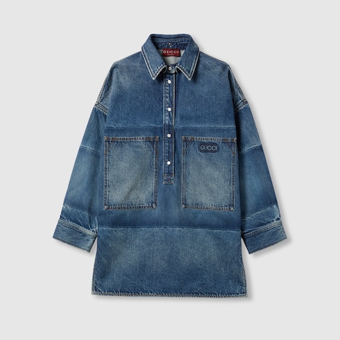 Lasered denim dress in blue | GUCCI® Canada