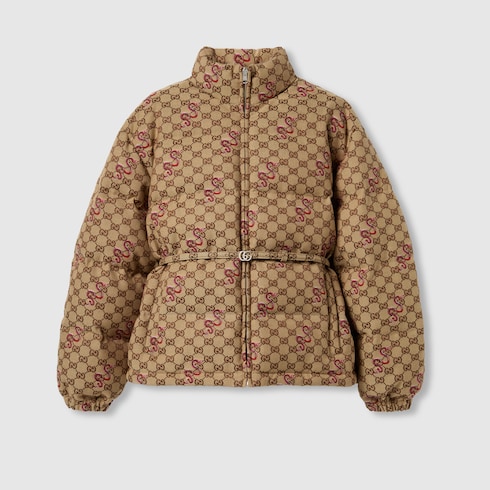 Embroidered GG canvas padded jacket in beige and dark brown | GUCCI® GR