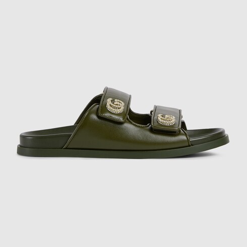 Women's sandal with crystals in dark green leather | GUCCI® UK