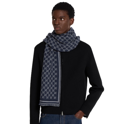 Écharpe en jacquard de laine GG en bleu foncé et gris | GUCCI® FR