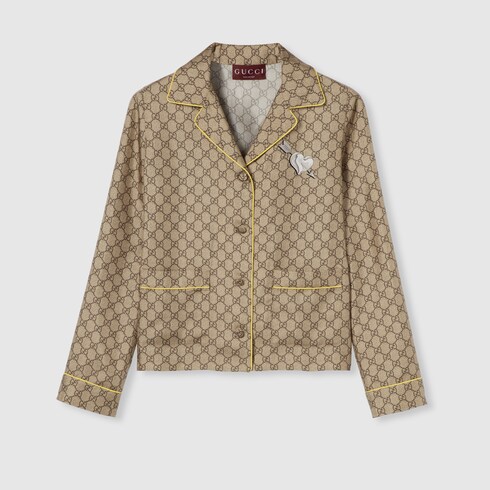 SA ®غوتشي |‎GG silk twill shirt with print in beige and dark brown