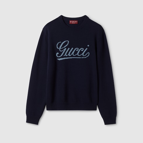 Suéter de lana tejida con intarsia en azul oscuro | GUCCI® MX
