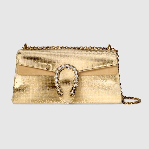 Dionysus crystal medium shoulder bag in gold suede | GUCCI® US