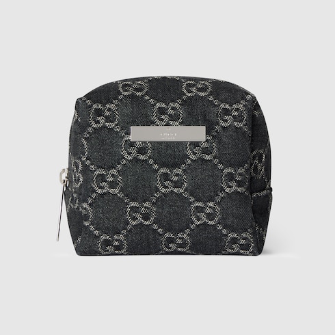 Small cosmetic case with Gucci plaque in black GG denim | GUCCI® SA