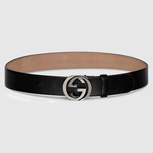 Wide belt with Interlocking G buckle in black leather | GUCCI® SA