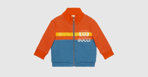 Baby cotton jersey zip jacket in blue and orange | GUCCI® US