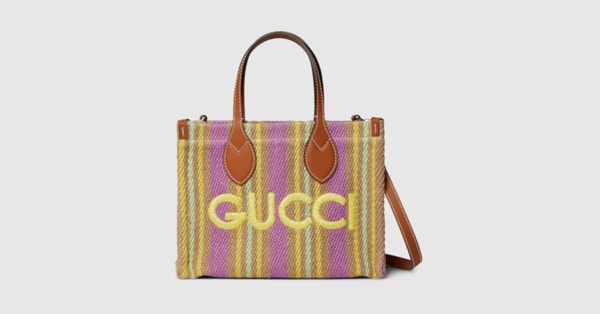 Small tote bag with Gucci patch in Pink Yellow Fabric | GUCCI® SI