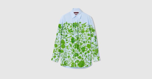 Gucci flowers print cotton shirt in light blue and white | GUCCI® UK