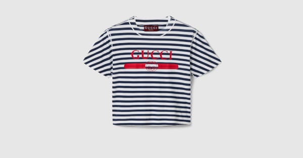 Striped cotton jersey T-shirt with Gucci print in blue and white ...